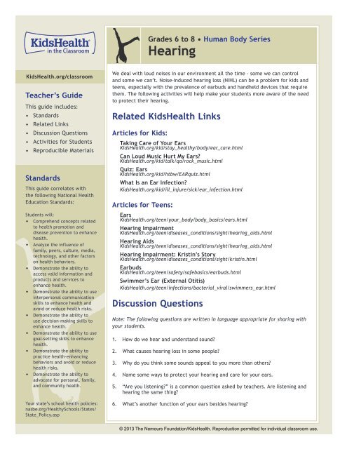Teacher's Guide: Hearing (Grades 6 to 8) - KidsHealth