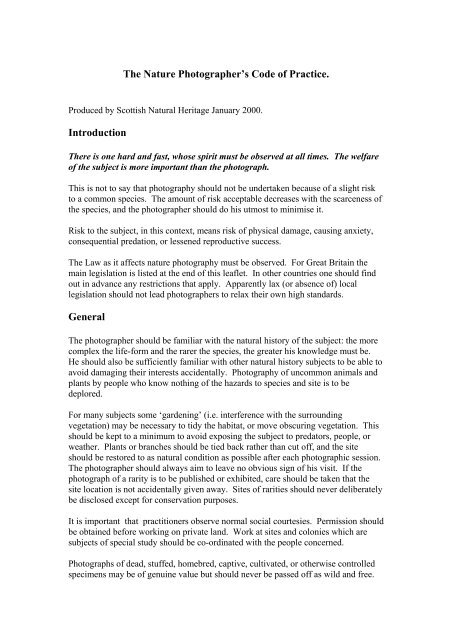 The Nature Photographer's Code of Practice. Introduction General