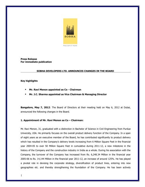 Sobha Developers Ltd. announces changes in the board