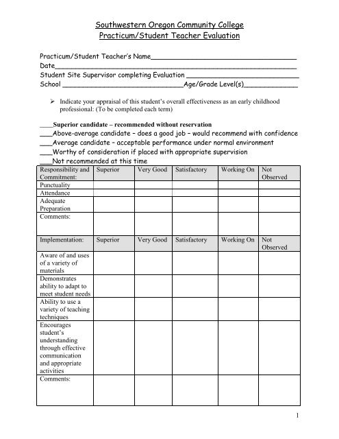 Practicum and Student Teaching Supervising Teacher Evaluation ...