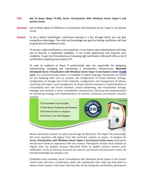 74-409 Server Virtualization with Windows Server Hyper-V and System Center