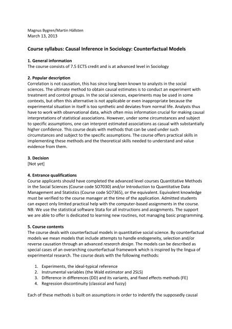 Course syllabus: Causal Inference in Sociology: Counterfactual ...