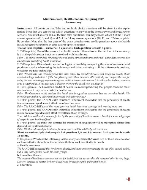 Midterm exam, Health economics, Spring 2007 Answer key