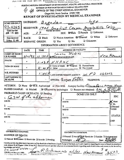 Autopsyfiles.org - Brandon Lee Autopsy Report