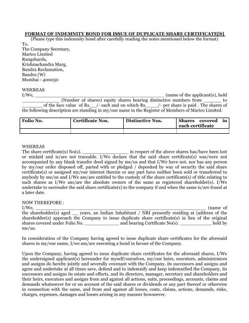 Form For Loss Of Share Certificate Marico