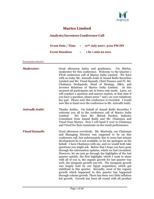 Transcript of Marico Conference call