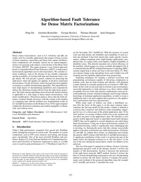 Algorithm Based Fault Tolerance For Dense Matrix Factorizations