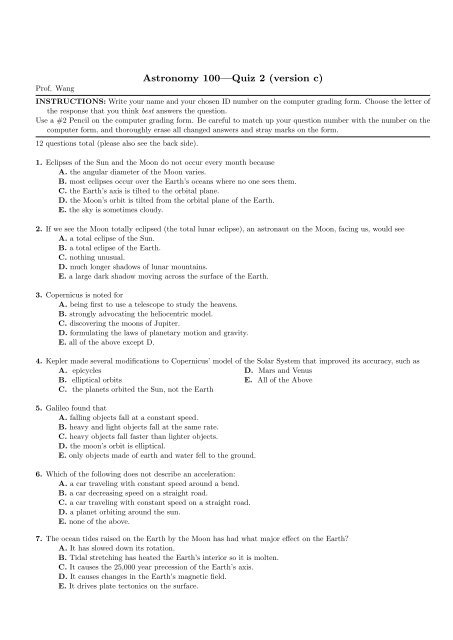 Astronomy 100â Quiz 2 - UMass Astronomy - Department of ...