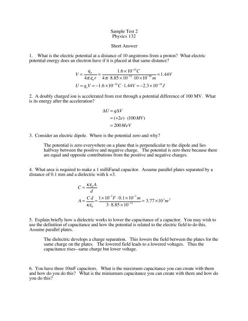 Sample Test 2 Physics 132 Short Answer 1. What is the electric ...