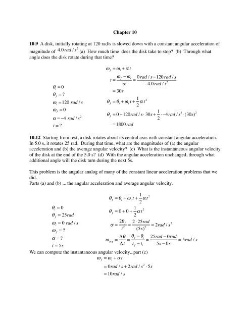 Chapter 10 10.9 A disk, initially rotating at 120 rad/s is slowed down ...