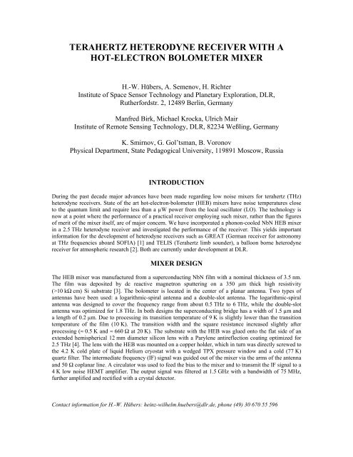terahertz heterodyne receiver with a hot-electron bolometer ... - SOFIA