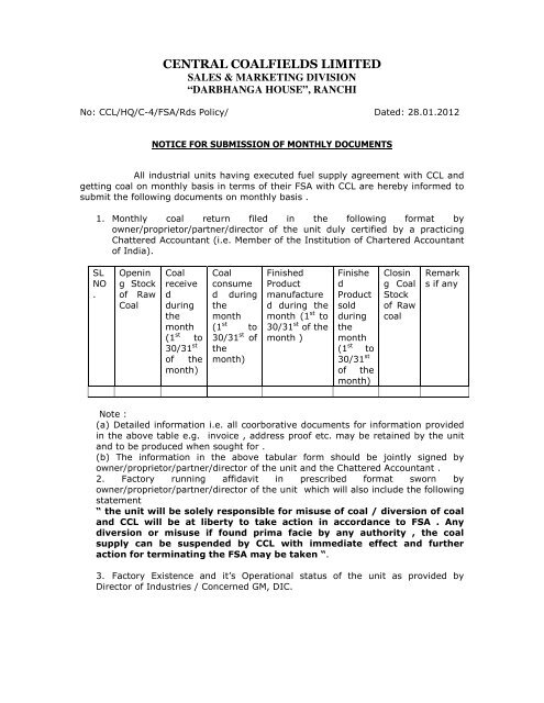 notice for submission of monthly documents - CCL