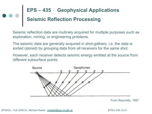 EPS â 435 Geophysical Applications Seismic Reflection Processing