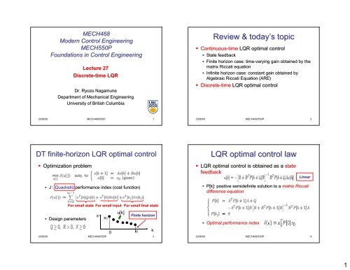 Review & today's topic LQR optimal control law - UBC Mechanical ...
