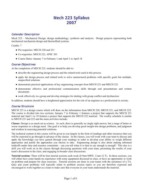 Mech 223 Syllabus 2007 - UBC Mechanical Engineering