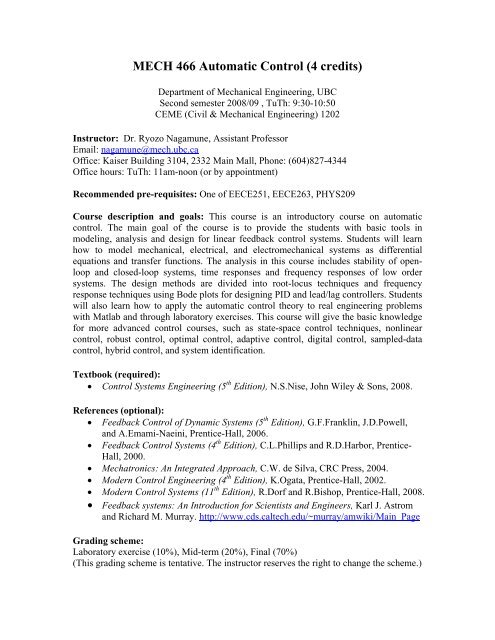 Syllabus - UBC Mechanical Engineering