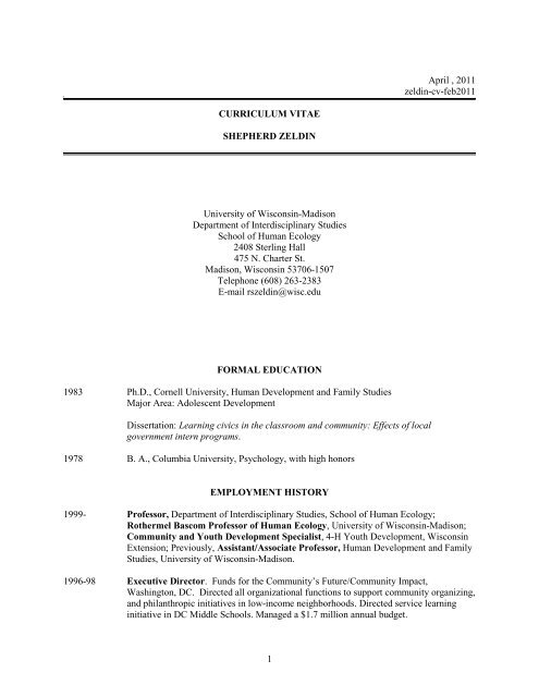 Curriculum Vita - School of Human Ecology - University of Wisconsin ...