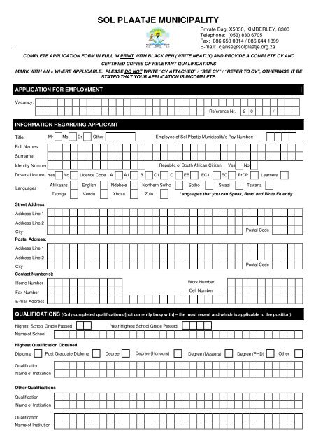 application form - Sol Plaatje Municipality
