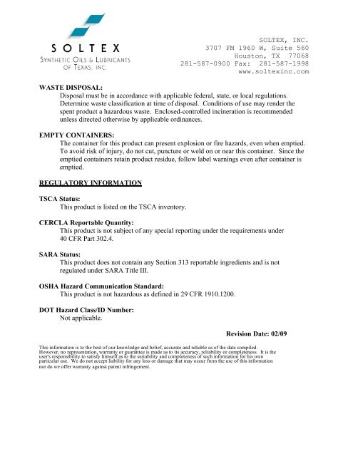 SOLTEX, INC. 3707 FM 1960