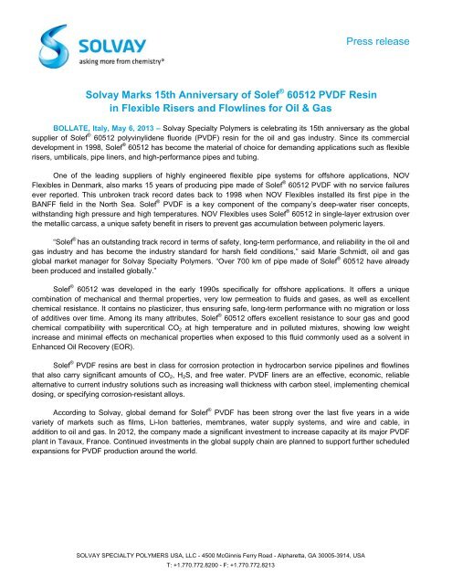 Press release Solvay Marks 15th Anniversary of ... - Solvay Plastics
