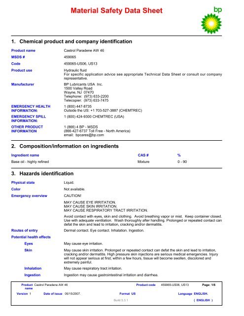 Paradene AW 46 MSDS - Categories On Parent Petroleum