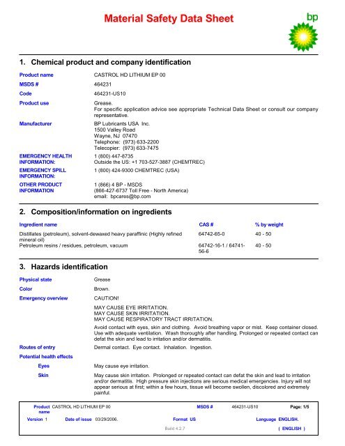 HD Lithium EP 00 MSDS - Categories On Parent Petroleum