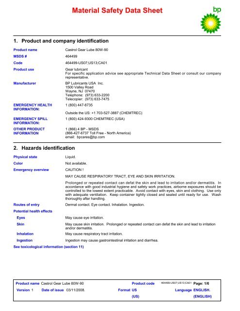Gear Lube 80W90 MSDS