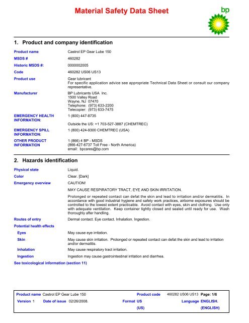 EP Gear Lube 150 MSDS - Categories On Parent Petroleum