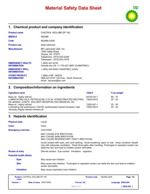 Isolube EP 100 MSDS - Categories On Parent Petroleum