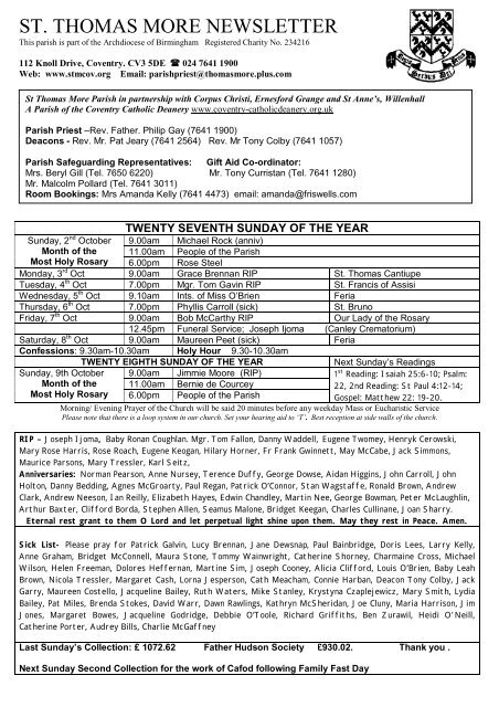 ST. THOMAS MORE NEWSLETTER - Coventry Catholic Deanery