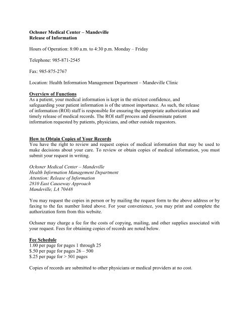 Ochsner Medical Center â Mandeville Release of ... - Ochsner.org