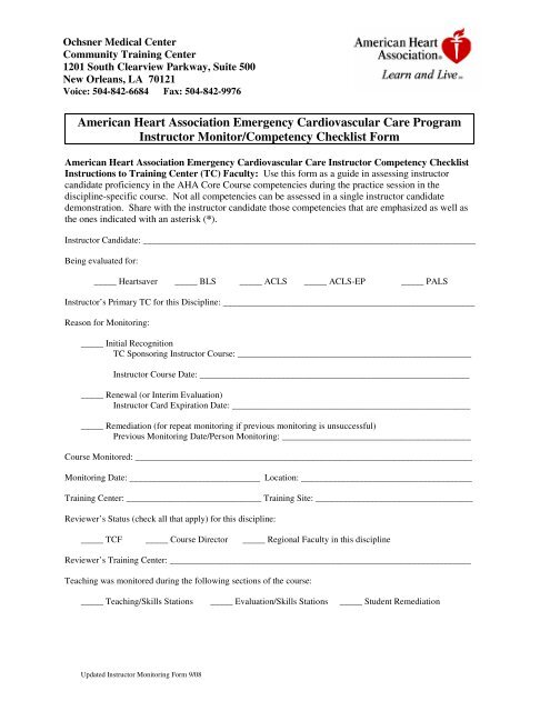 Instructor Monitoring Form - Ochsner.org