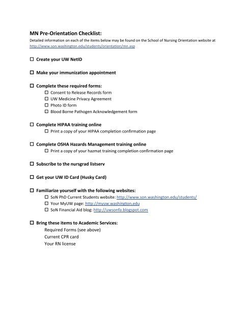 MN Pre-Orientation Checklist: - School of Nursing