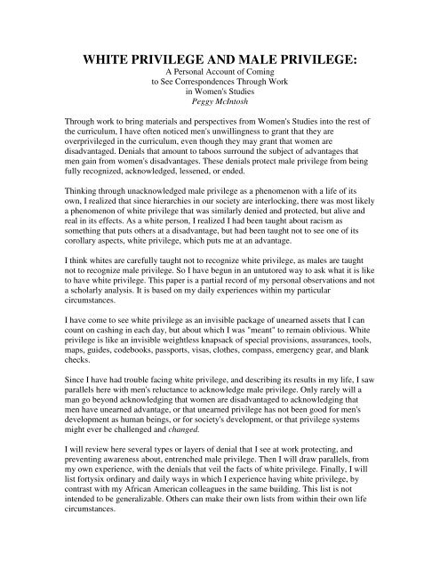 WHITE PRIVILEGE AND MALE PRIVILEGE: