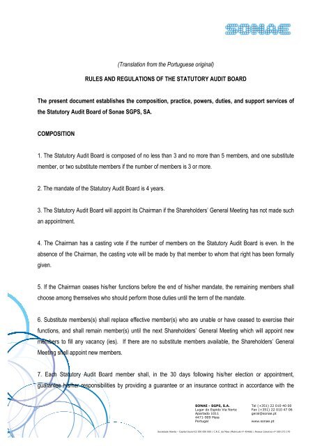 Sonae SGPS Statutory Audit Board Regulation