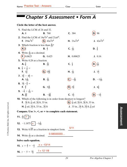 Chapter 5 Assessment • Form A - Sonic.net