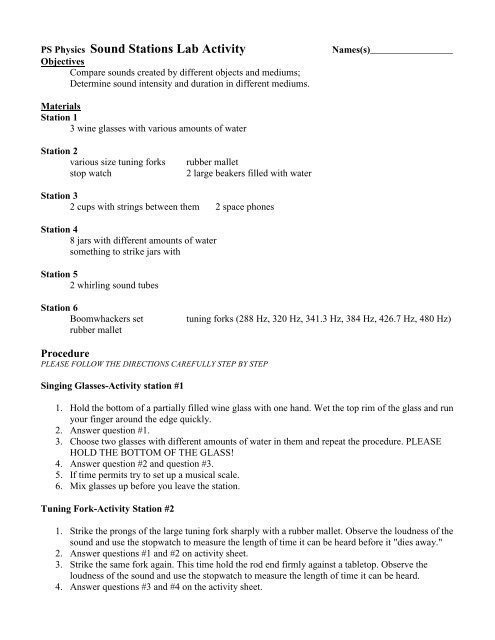 PS Physics Sound Stations Lab Activity