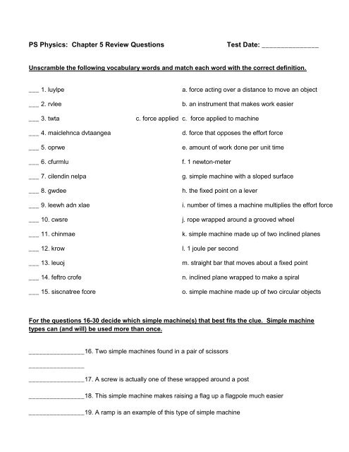 PS Physics: Chapter 5 Review Questions Test Date
