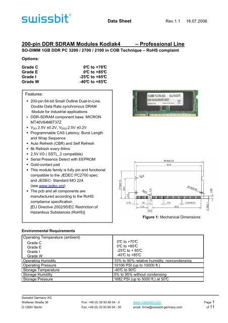 200-pin DDR SDRAM Modules Kodiak4 – Professional Line - Swissbit