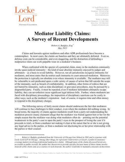 Mediator Liability Claims - Locke Lord Bissell & Liddell LLP