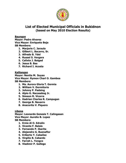 List of Elected Municipal Officials in Bukidnon - Dilg10.org