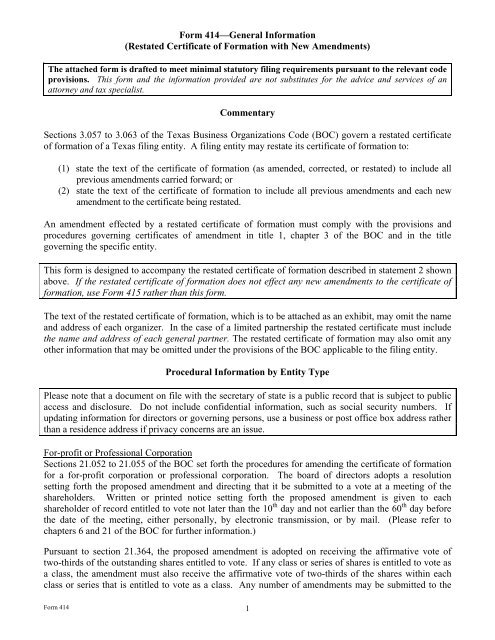 Form 414â General Information - Texas Secretary of State