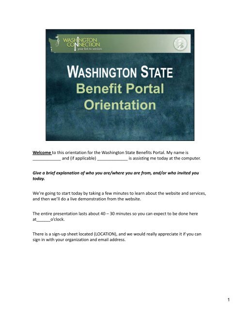 Welcome to this orientation for the Washington State Benefits Portal ...