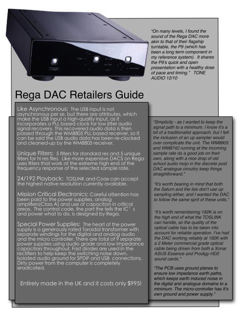 Rega DAC Retailers Guide