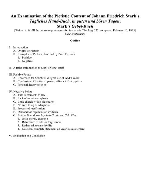 An Examination of the Pietistic Content of Johann Friedrich Stark