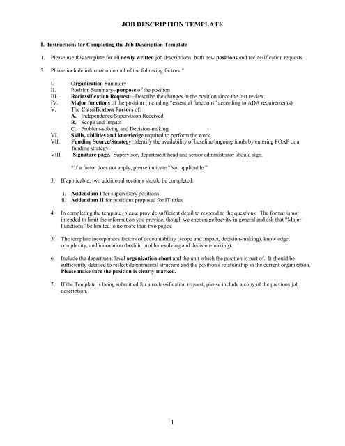 JOB DESCRIPTION TEMPLATE 1