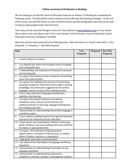 Blank Survey form for Reading - Austin Peay State University
