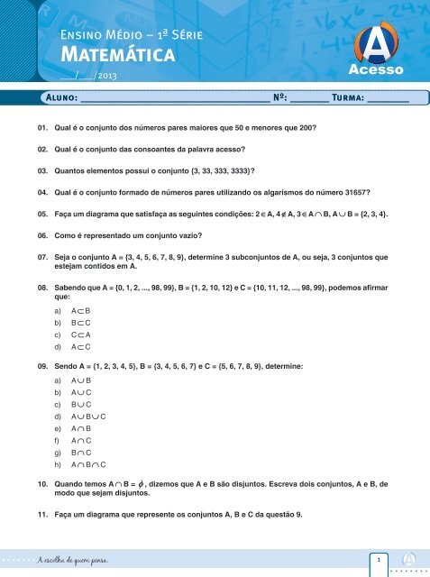 Exercícios – Matemática – 1ª série - Curso e Colégio Acesso