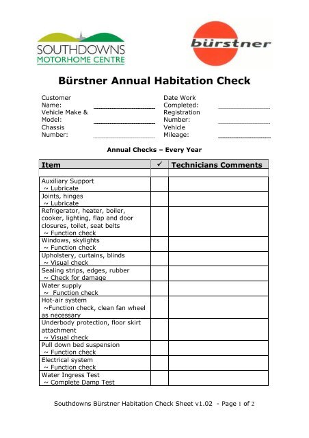 our Burstner Habitation Check Sheet