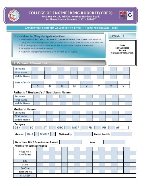 Download B.Tech 1st Year Admission Form - College of ...